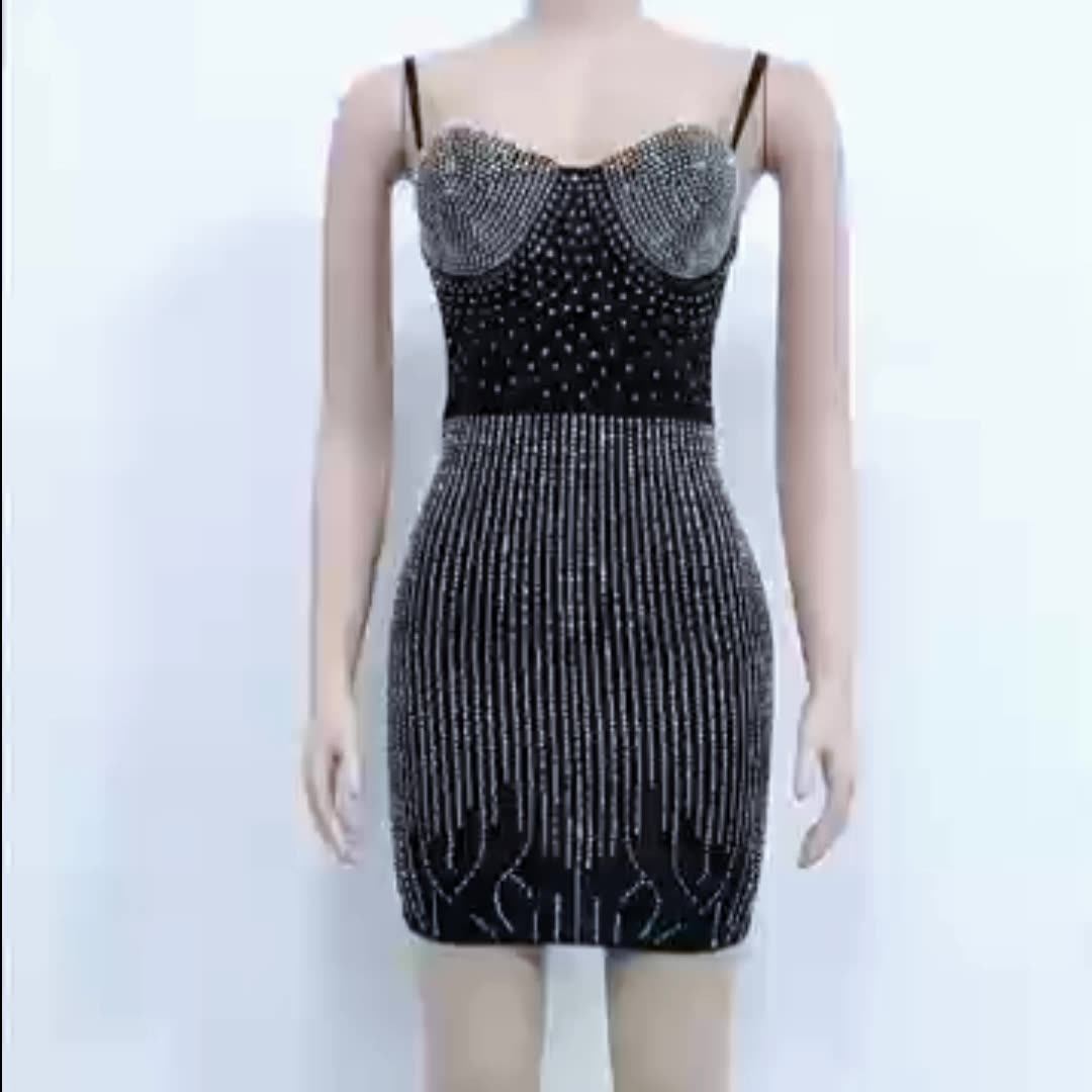New Luxury Rhinestone Mini Dress Woman Sleeveless Mesh Patchwork Skinny ...