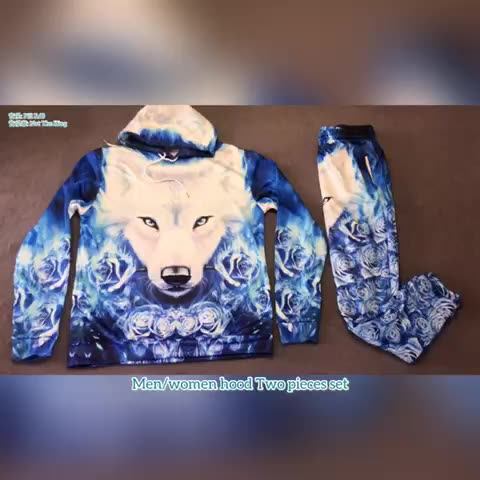 Men's Hood 2 Piece Set Personalized Wolf Print Tracksuit Male Jogger ...