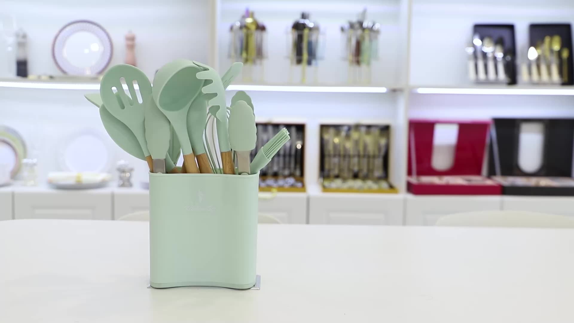 19-piece Kitchen Gadget Tool Silicone Kitchen Utensil Set With Wooden ...