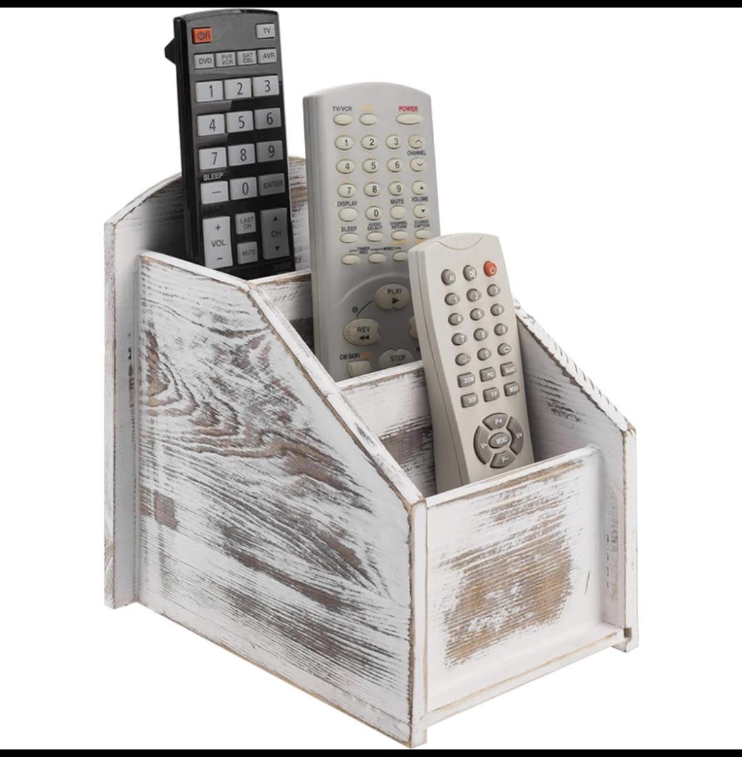3 Compartment Whitewashed Wood Remote Control Organizer Caddy Tv Media ...