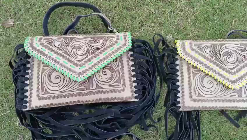 Handmade Hand Tooled Fringe Handbag Real Leather Handmade Carving New ...