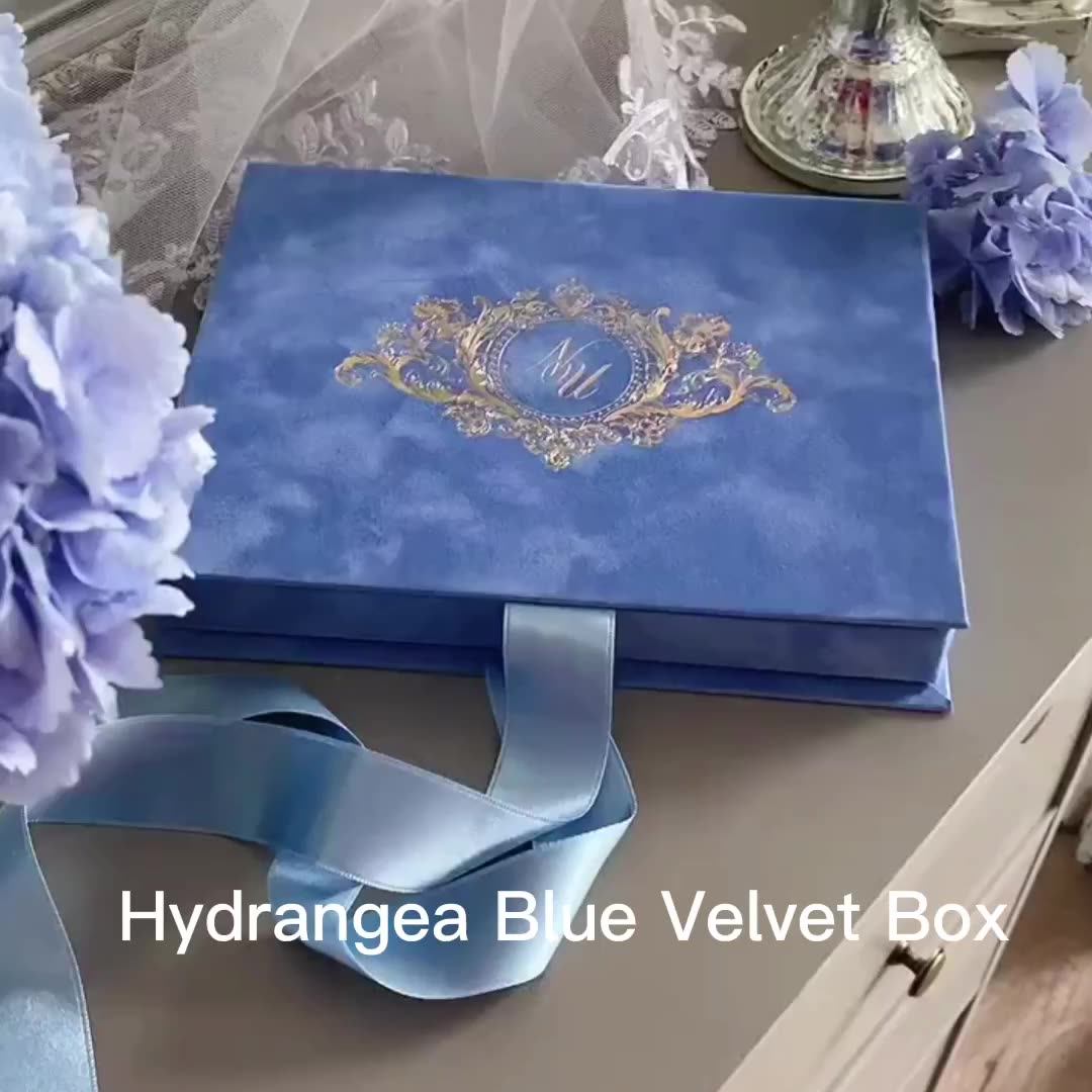 Creative Hydrangea Blue Velvet Box Wedding Invitation Card With Custom ...