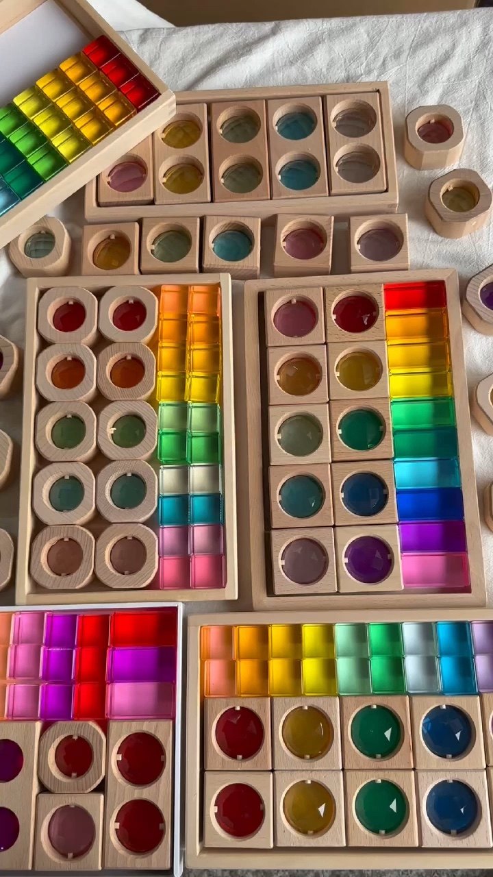 New Design Wooden Montessori Rainbow Stacking Toys See Through Block ...