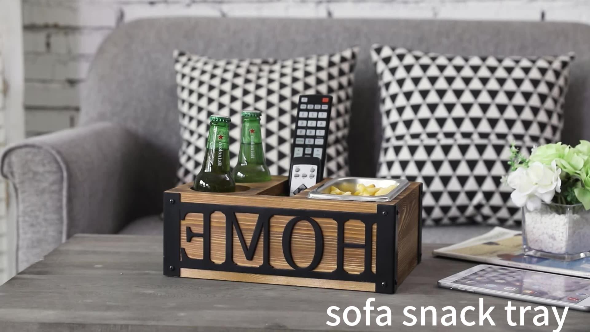 Wood Sofa Couch Snacks Caddy Serving Crate Tray With 2 Cup Holders And ...