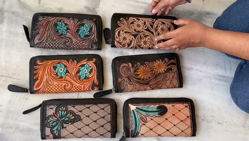 Western Style Tooled Leather Wallet Women Carved Leather Embossed ...