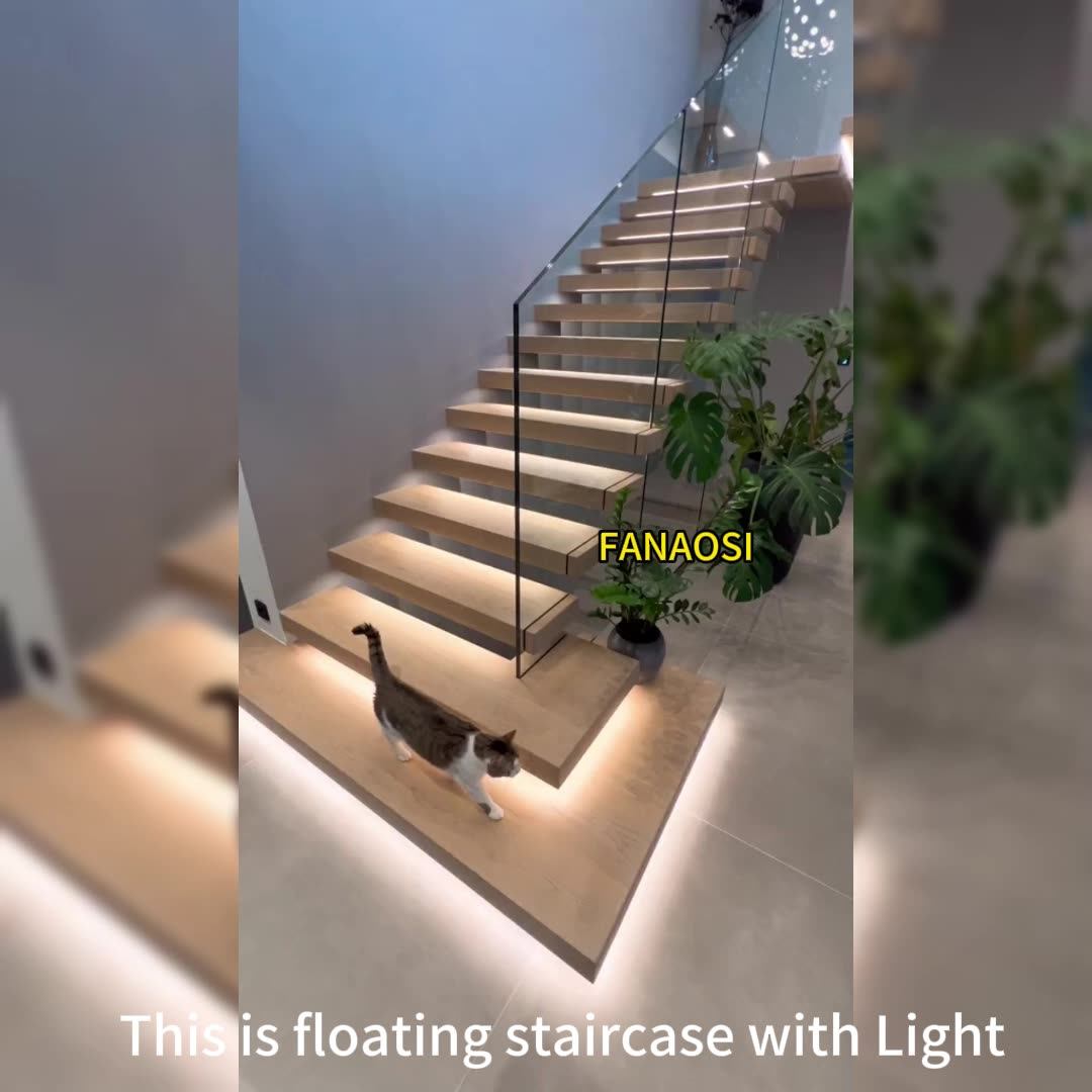 Factory Led Straight Stairs Wooden Glass Staircase Modern Design House ...