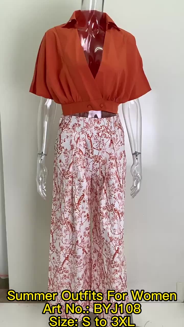 Byj208 Fashion Two Piece Set Women Clothing V Neck Short Top Shirt