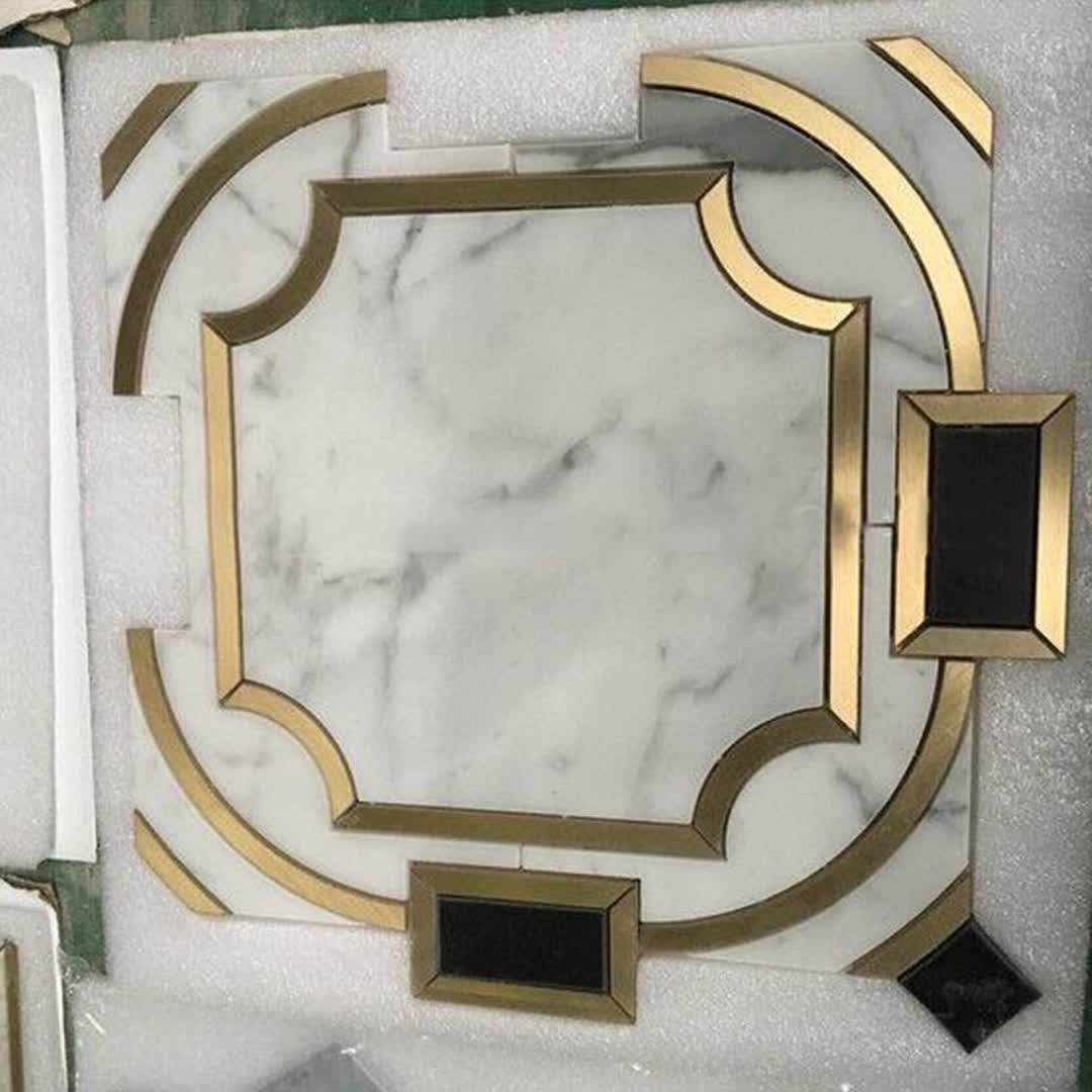 Classic Tile Flooring Brass Tile Inlay With Marble Waterjet Mosaics ...
