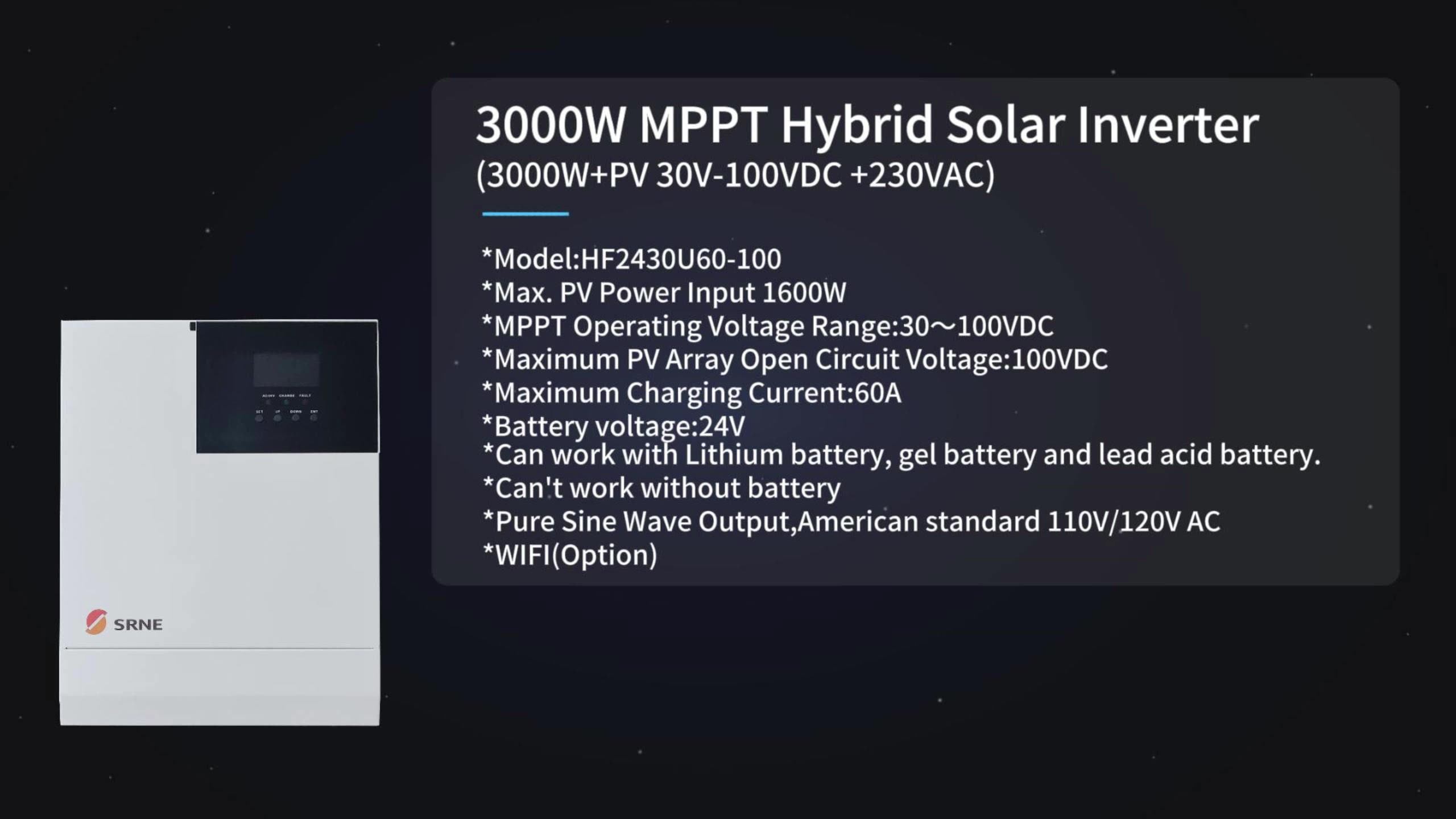 Srne 3kw 24v混合逆变器110v 220vac全合一电源逆变器60a Mppt充电控制器 - Buy 3kw 24v混合逆变器 ...