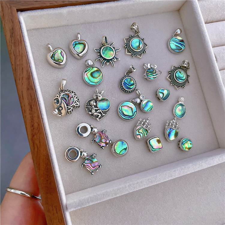 ninisn 925銀天然彩貝吊墜可愛趣味愛心城堡大象太陽流光溢彩情侶-Taobao