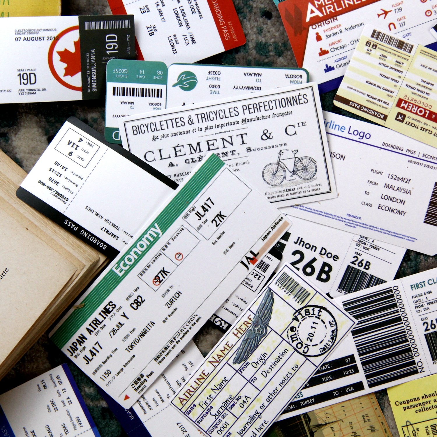 Travel mark of time traveling: retro tickets and modern travel equipment