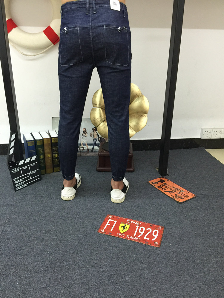 Купить Джинсы мужские 古士狼春夏日系修身系绳束脚男显瘦纯原色普洗休闲哈伦九分牛仔裤 Ancient persons ...