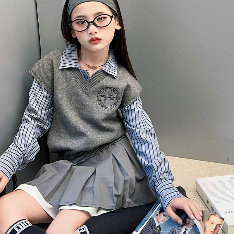 氣質學院風女童秋裝套裝洋派中大童JK條紋襯衫格子裙三件女孩潮款-Taobao