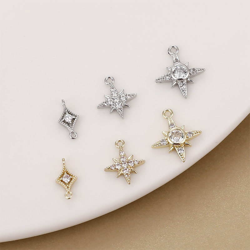 14k真金色星芒流星吊坠双吊菱形锆石挂坠diy手链项链耳饰品配件-Taobao Malaysia