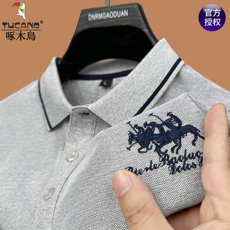 啄木鳥秋冬刺繡男士長袖T恤純棉polo衫男寬鬆打底衫純色翻領上衣-Taobao