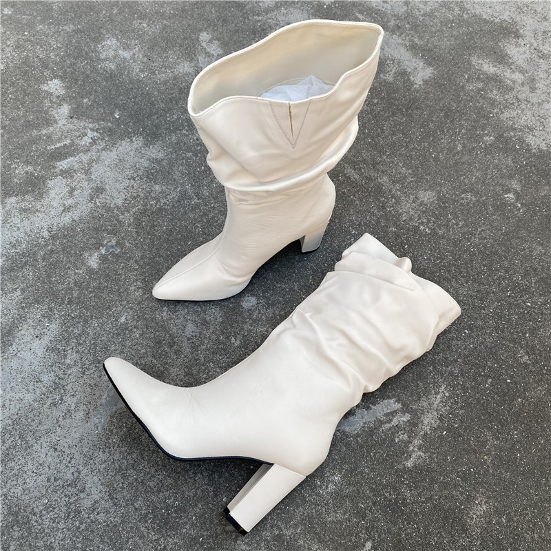 Foreign trade thick heel mid-tube pleated pile boots for women new soft ...