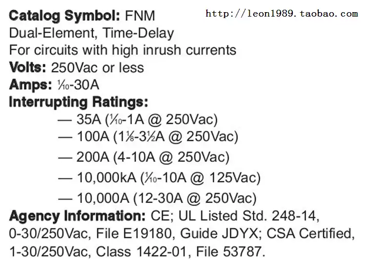 BUSSMANN保险丝 Time-Delay熔断器 FNM-1-6/10 FNM-1.6A 250V