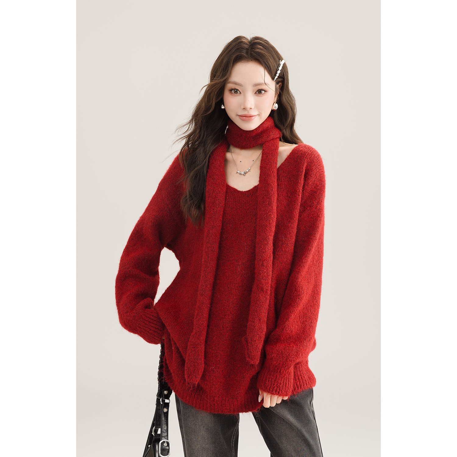 红色软糯v领套头毛衣女秋冬新款慵懒风气质宽松中长款针织衫上衣-Taobao