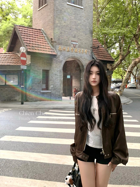 Chien Retro Motorcycle Short Jacket Top Spring Maillard Stand Collar Brown Leather Jacket Women