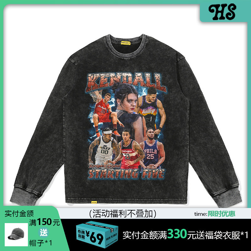 HKGN潮牌肯豆詹娜印花美式复古短袖纯棉百搭情侣T恤重磅水洗做旧-Taobao