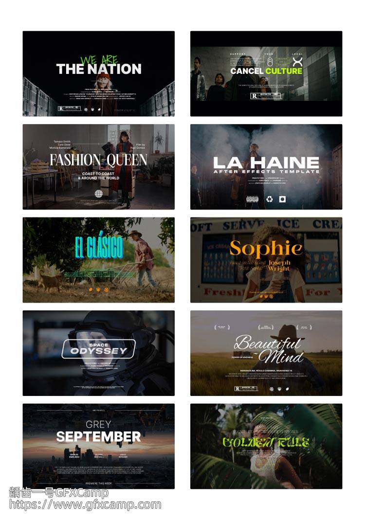 AE+PR+达芬奇模板预设-50组电影视频片头文字标题片名字幕动画 两套 | 龋齿一号GFXCamp