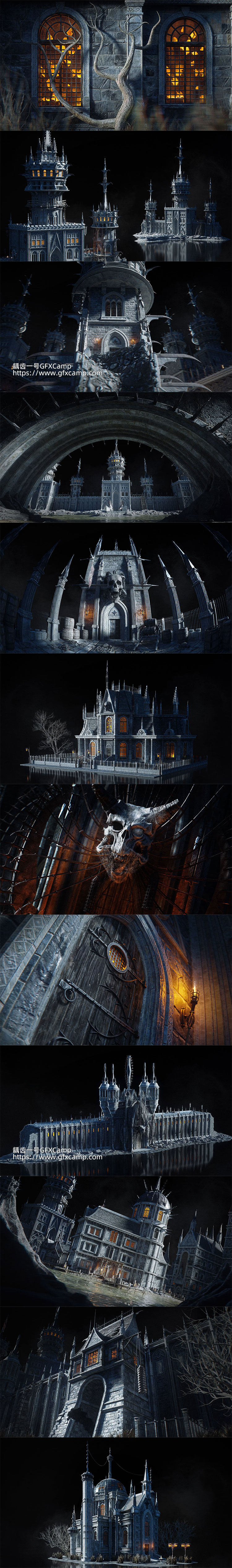 阴森黑暗恐怖哥特楼房建筑3D模型 Ghost Realm C4D/FBX/OBJ/Blender/3DS MAX/Maya/Houdini/Unity/Unreal格式 – 龋齿一号GFXCamp