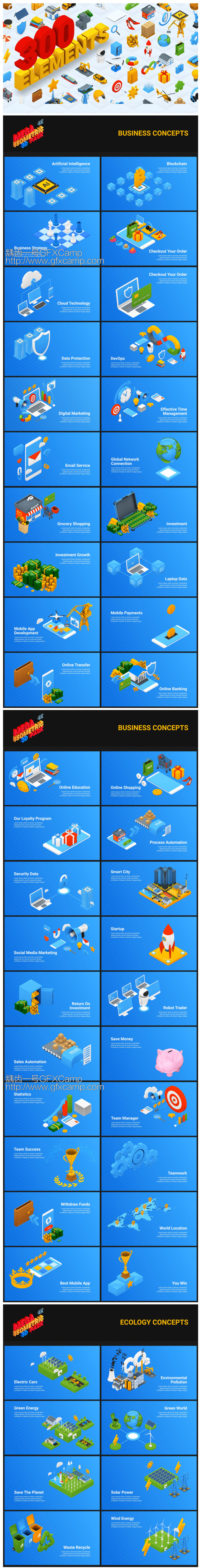 AE模板-300+三维Isometric风格等距图标元素场景MG动画 – 龋齿一号GFXCamp