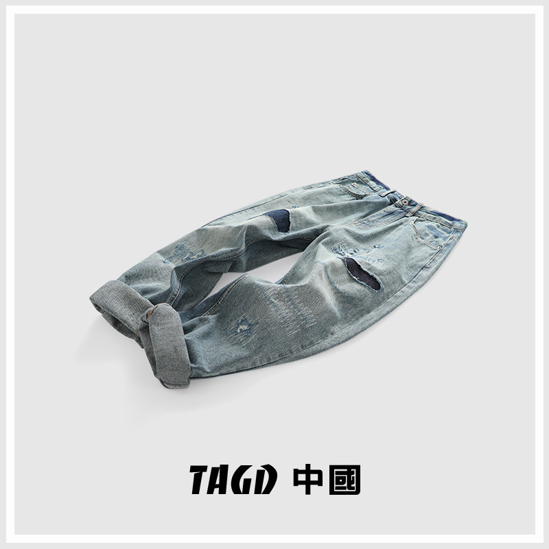 探风探雪 TAGD 中国 小众设计感 2024潮牌重水洗破洞拼接牛仔裤男