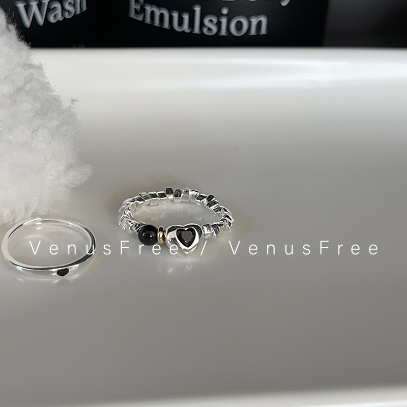 韩国设计感925纯银爱心黑色宝石小石块弹力戒指细款开口叠戴甜酷-Taobao Vietnam