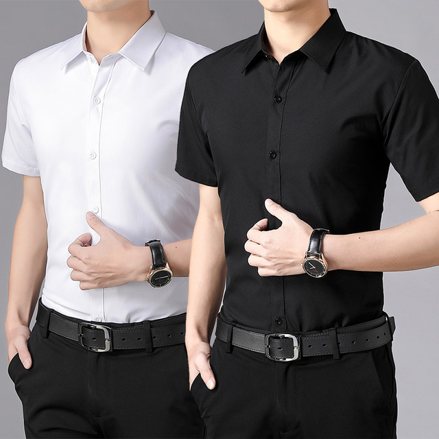 Summer new short-sleeved shirt men's black shirt slim business formal ...