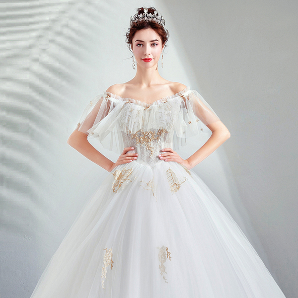 Angel wedding dress luxury lace shoulder Princess slim bridal dress