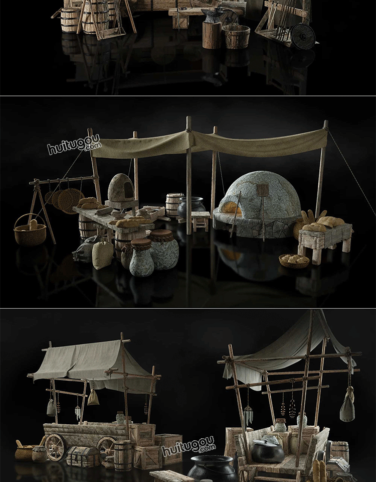 古代摊位中世纪街道市场3D模型KitBash3D Props Medieval Market - KitBash3D模型 - 绘图狗-设计灵感素材集散地