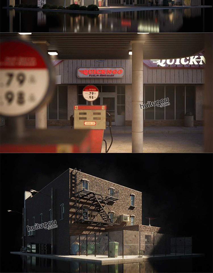 PBR美国城市郊区楼房住宅楼房公共建筑3D模型Kitbash3d-Americana - KitBash3D模型 - 绘图狗-设计灵感素材集散地