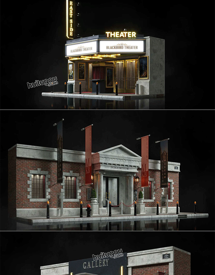 C4D餐厅银行杂货店商店门头街道店面3D模型Kitbash3D-Storefronts - KitBash3D模型 - 绘图狗-设计灵感素材集散地