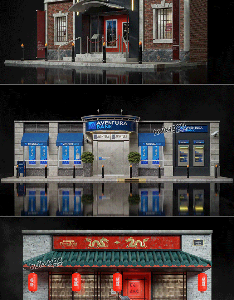 C4D餐厅银行杂货店商店门头街道店面3D模型Kitbash3D-Storefronts - KitBash3D模型 - 绘图狗-设计灵感素材集散地