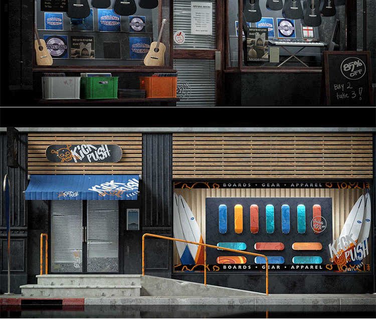 C4D餐厅银行杂货店商店门头街道店面3D模型Kitbash3D-Storefronts - KitBash3D模型 - 绘图狗-设计灵感素材集散地