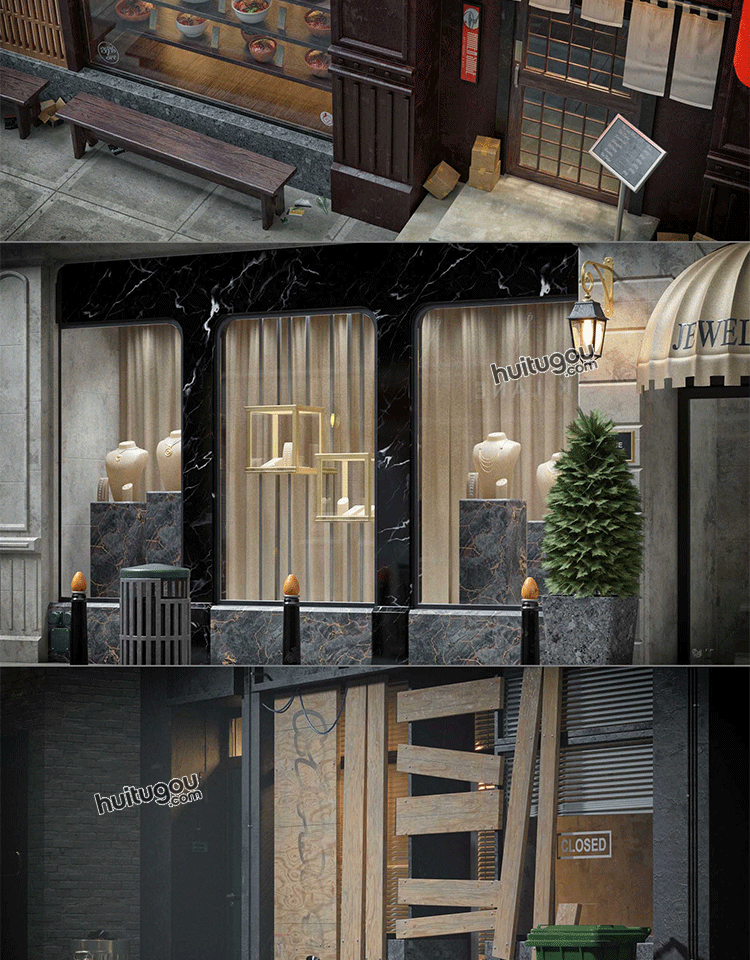 C4D餐厅银行杂货店商店门头街道店面3D模型Kitbash3D-Storefronts - KitBash3D模型 - 绘图狗-设计灵感素材集散地