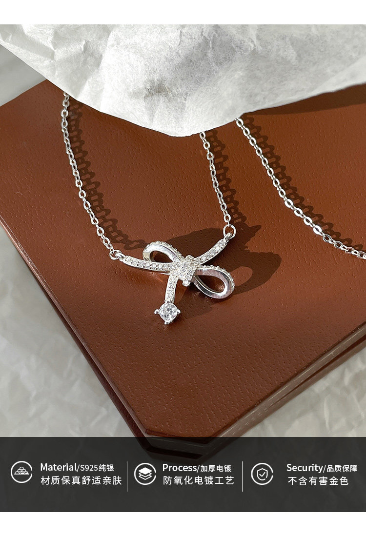 S925纯银闪钻蝴蝶结项链女2023年新款轻奢小众纯银秋冬锁骨链-阿里巴巴
