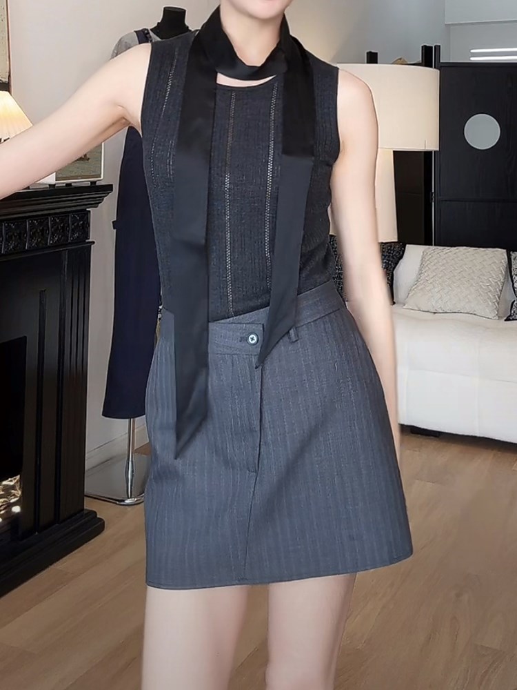 百搭OL職場上班通勤穿搭黑灰色西裝短裙女2024新款夏季條紋半身裙-Taobao