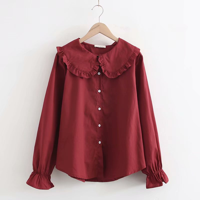 复古娃娃领酒红衬衫女春季韩版可爱套头衬衣百搭长袖上衣1441-阿里巴巴