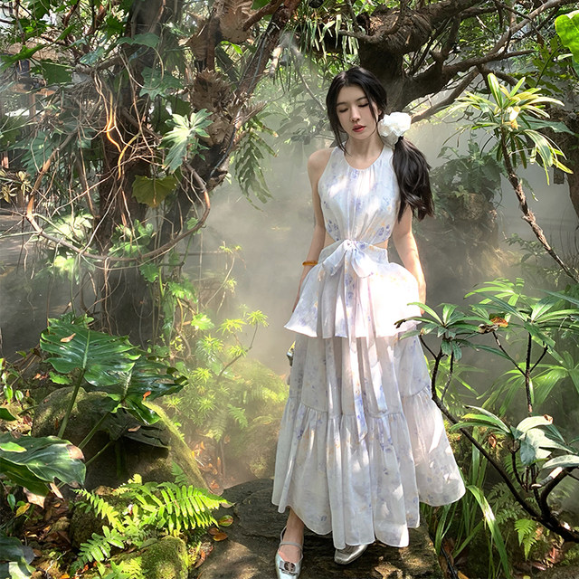 Yu Xiaoping Blues Iris Small Fresh Floral Design Niche Dress Spring Skillful Backless Long Skirt