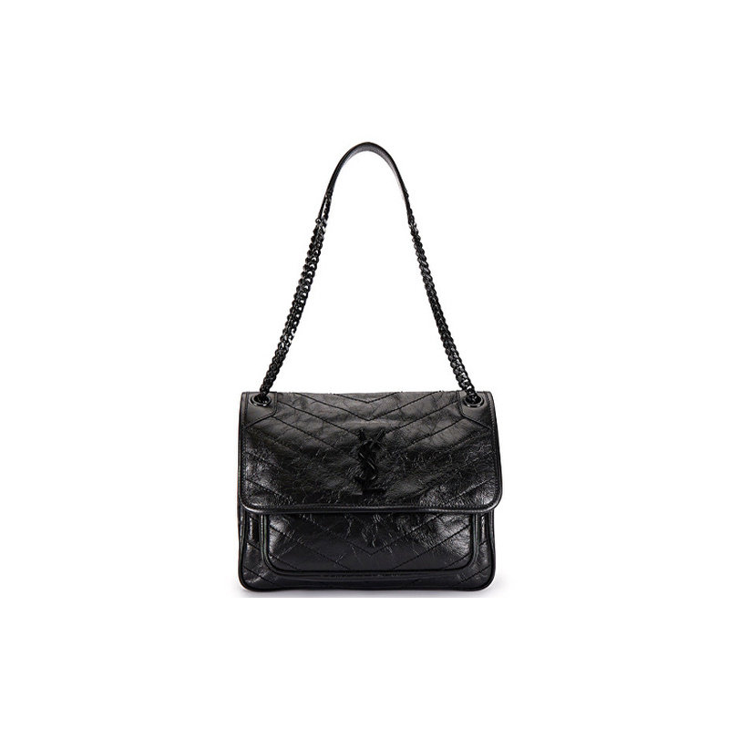 9.9/9.5新圣罗兰YSL Niki 黑链黑标Logo复古褶皱 牛皮革单肩包