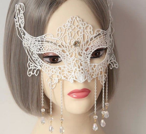 [USD 10.41] White Lace Vest Mask Sexy Party White Crystal Tassel Party ...