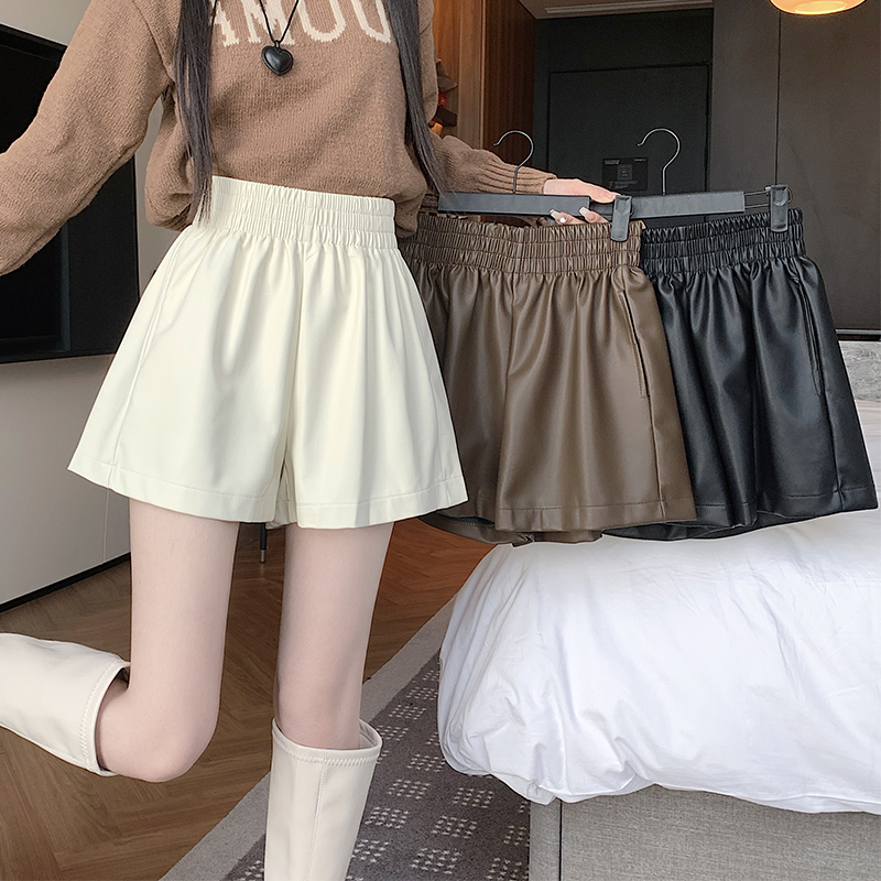 pu皮短褲女秋冬外穿2024年新款鬆緊高腰寬鬆顯瘦a字休閒闊腿靴褲-Taobao