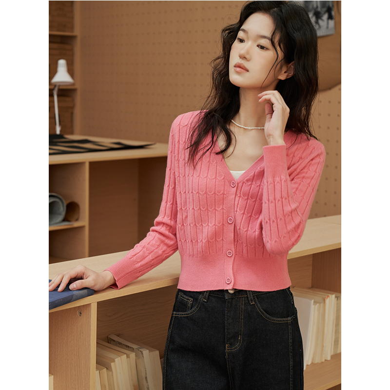 hug maker 2025春季新款学院风复古MIU系显白显瘦V领绞花毛衣开衫-Taobao