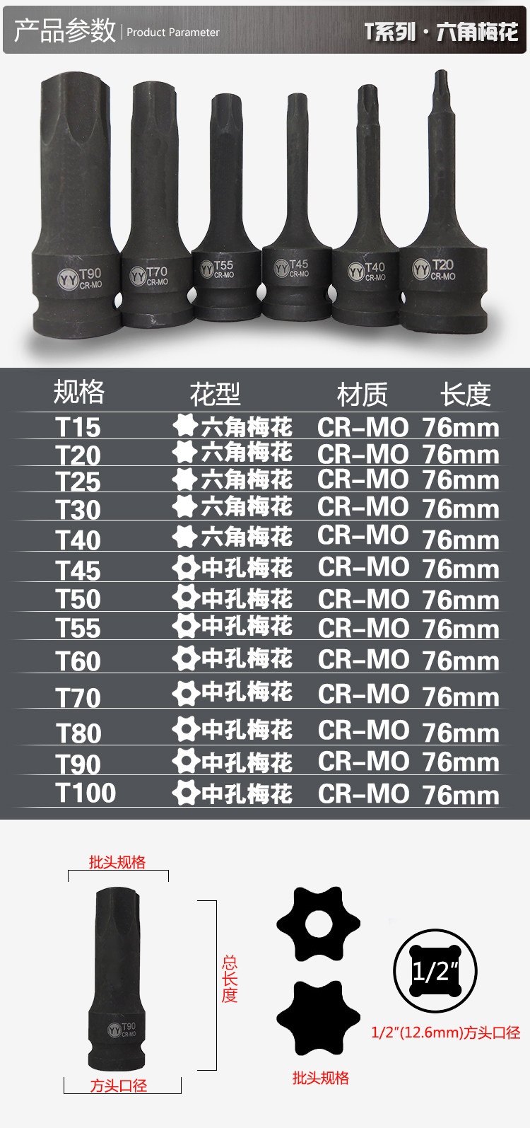1 2 Dr Torx Socket TRX Star Bit Set T20 T100 Cr Mo 76mm EBay