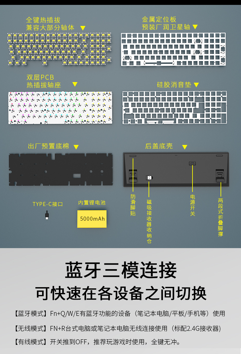 现货跨境亚马逊黑吉蛇DK100键盘机械套件RGB蓝牙三模2.4G无线有线-阿里巴巴