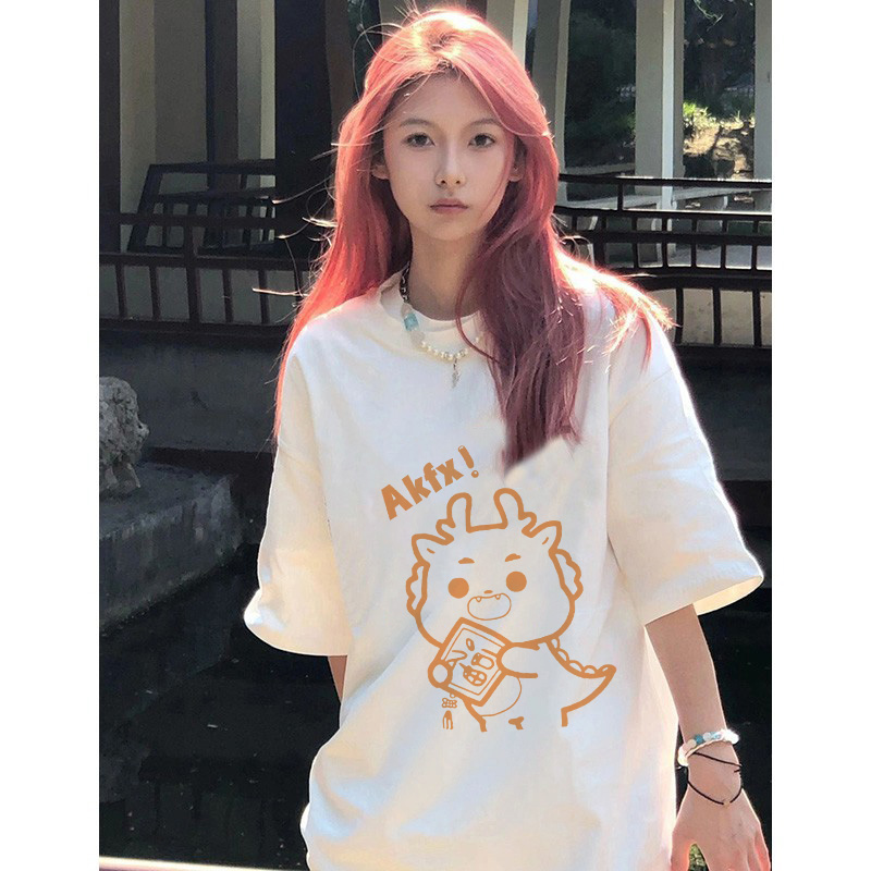 国潮龙年涂鸦印花短袖T恤女春季新款小众纯棉白色宽松正肩上衣ins-Taobao