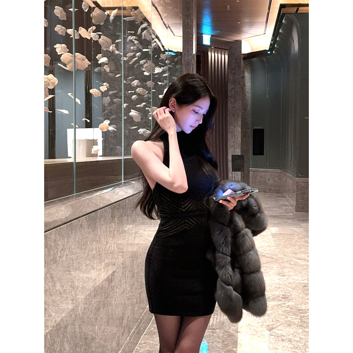 DFAY 黑色版本 美死啦 針織洋裝掛頸露肩顯瘦內搭裙子女秋冬季-Taobao