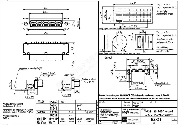 全新贴片 ERNI 364384 DR 25P DSUB 25芯 数据线并口接口 连接器